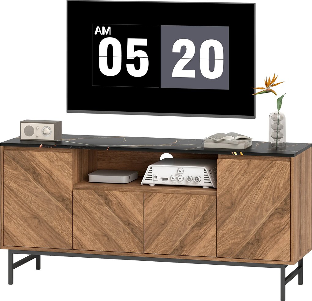 HOMCOM TV stolek pro TV až do 65 palců, nábytek z dřeva s otevřenou přihrádkou a průchodkou pro kabely, efekt mramoru, 140x39x66 cm, ořech