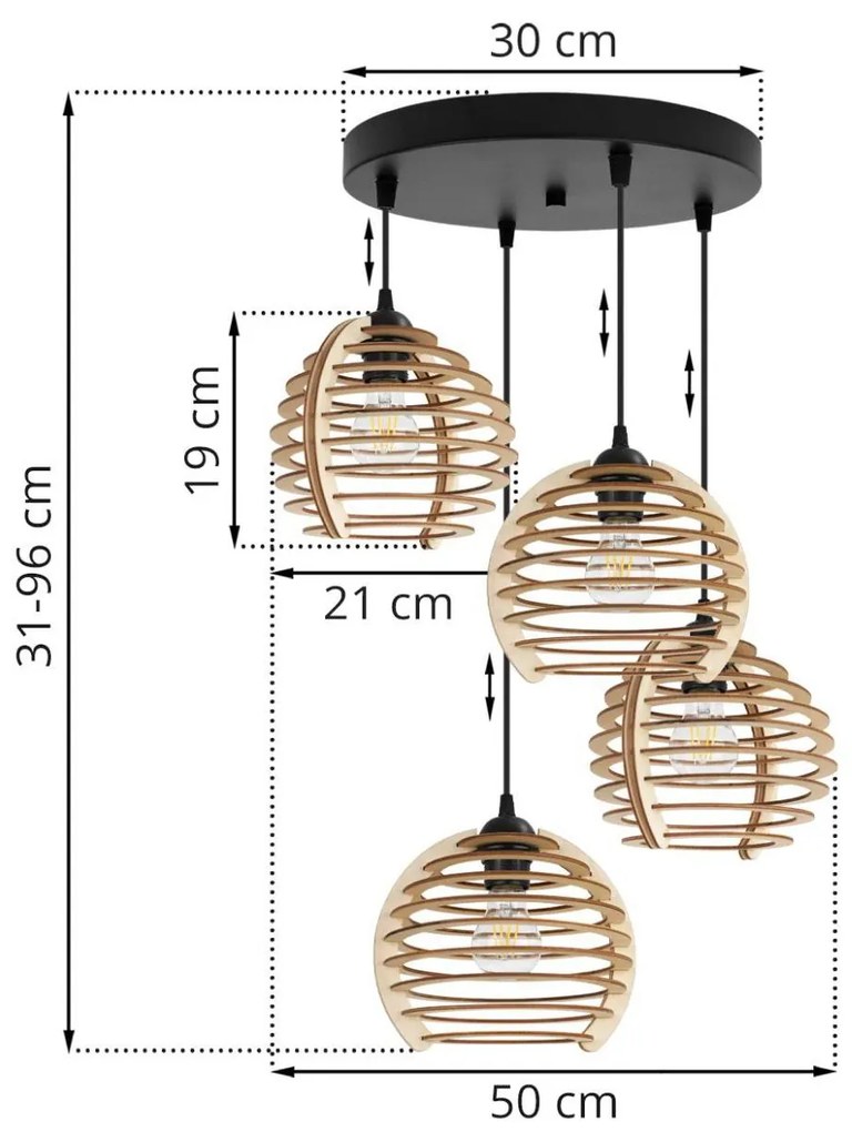 Závěsné svítidlo TIMBER, 4x dřevěné stínítko, O, N