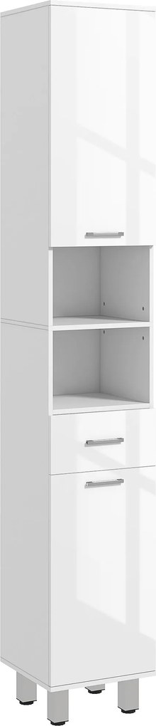 kleankin Moderní Koupelnová Skříň s 1 Zásuvkou, 3 Nastavitelnými Policemi a 2 Skříňkami pro Obývací Pokoj a Ložnici 30x30x180 cm Bílý Lesk | Aosom