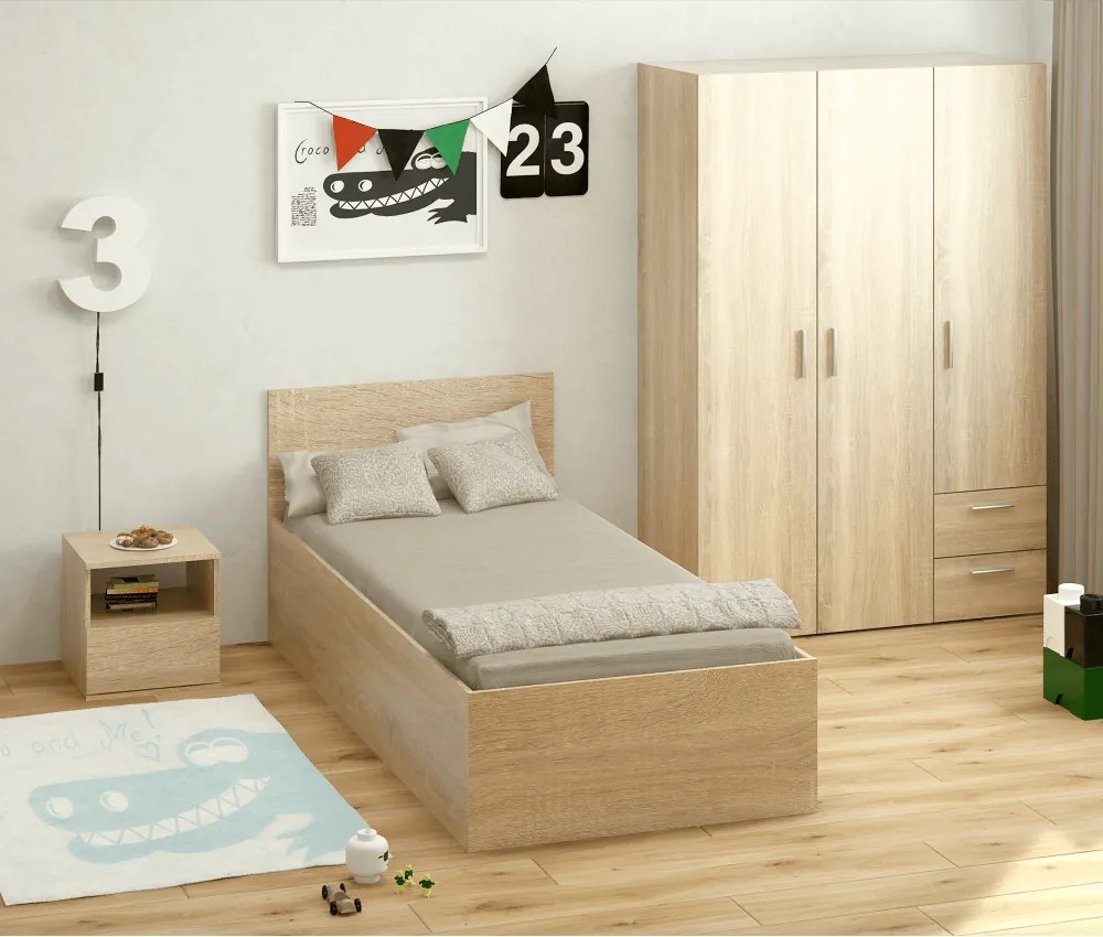 Postel s kovovým roštem a úložným prostorem, 90x200, dub sonoma, DOLI