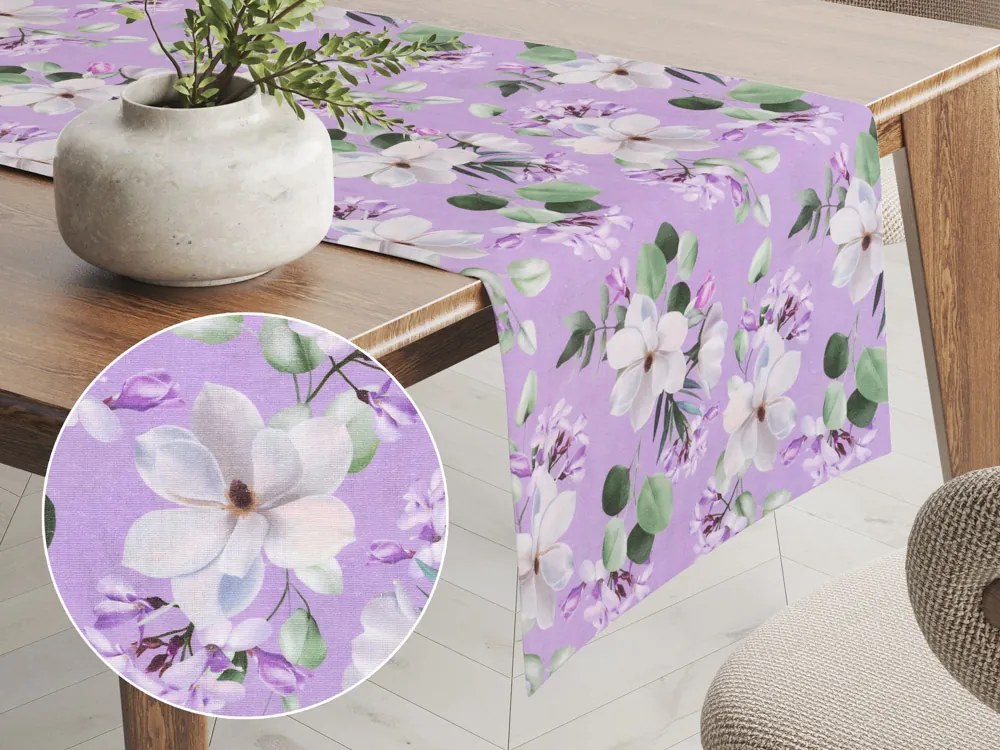 Biante Dekorační běhoun na stůl PML-044 Květy magnolie na fialovém 20x160 cm