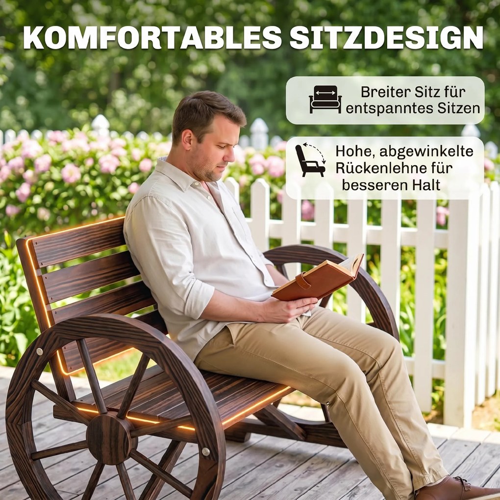 Outsunny Zahradní Lavice Dřevěná Rustikální Lavice s Kolečkovými Opěrkami Wagon Wheel Lavice Venkovní Lavice Terasová Lavice Parková Lavice z Masivní…