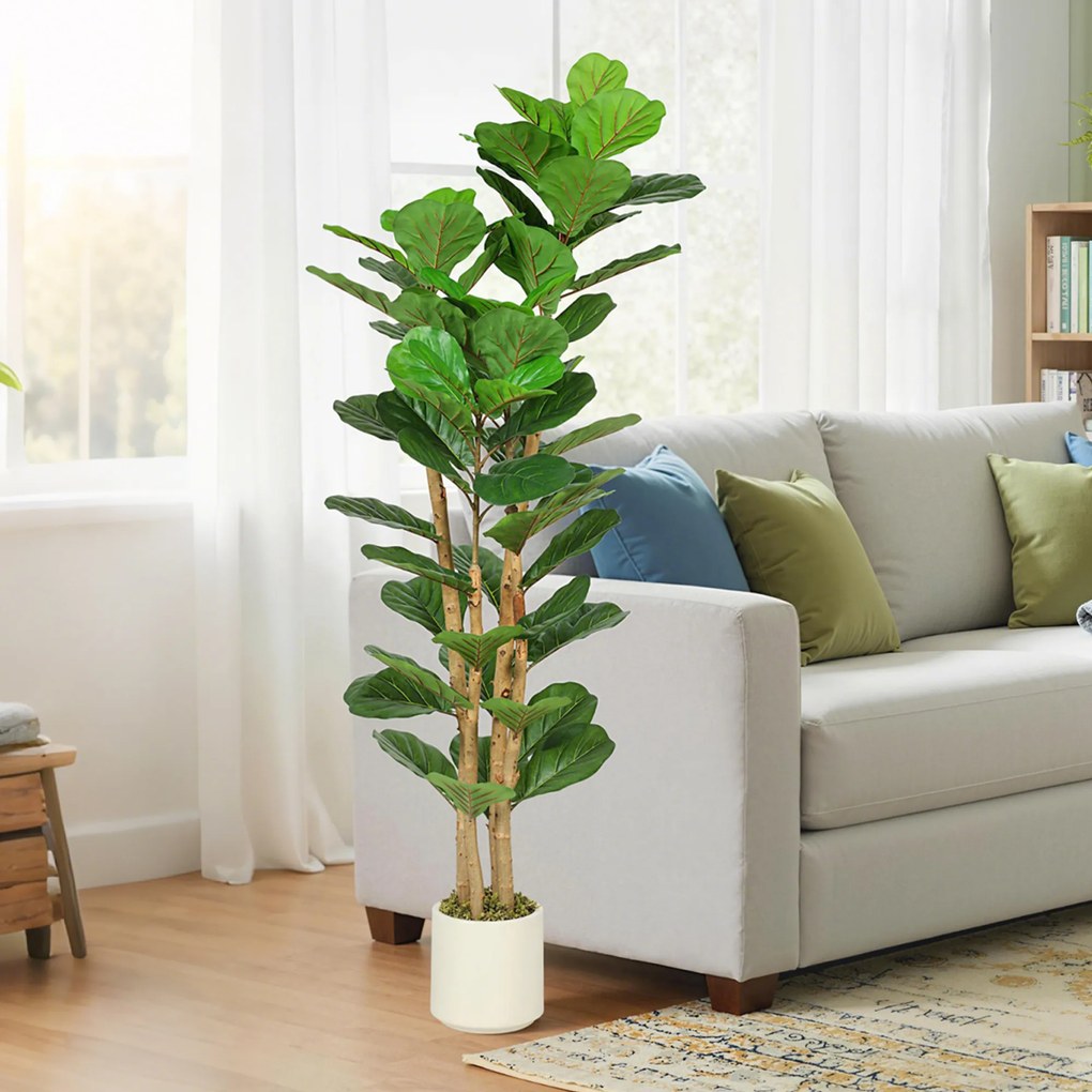 HOMCOM umělý fíkus lyrovitý, 150 cm – 71 listů, dřevěný kmen, v květináči, realistické plastové listí pro obývací pokoj, ložnici, kancelář, zahradu