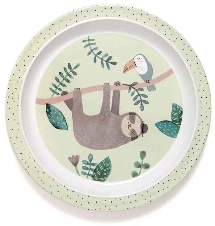 PETIT MONKEY Dětský melaminový talíř s okraji Sloth, zelená barva, melamin