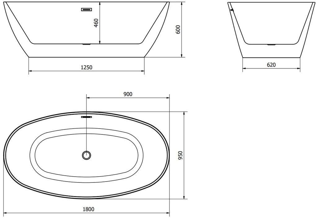 Mexen Eris, volně stojící vana 180 x 95 cm + černá zátka a sifon automat, bílá-černá, 53441809575-B