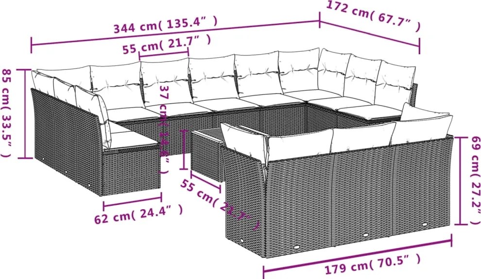 14dílná zahradní sedací souprava s poduškami černá polyratan 3223921