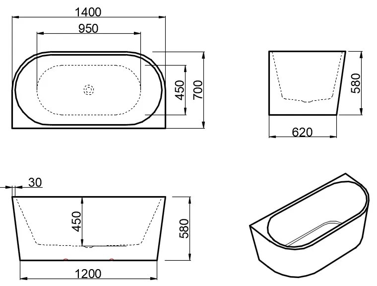 BPS-koupelny Volně stojící akrylátová vana ke stěně HYD-LE527A 140x70 bílá, odtokový komplet bílý lesklý