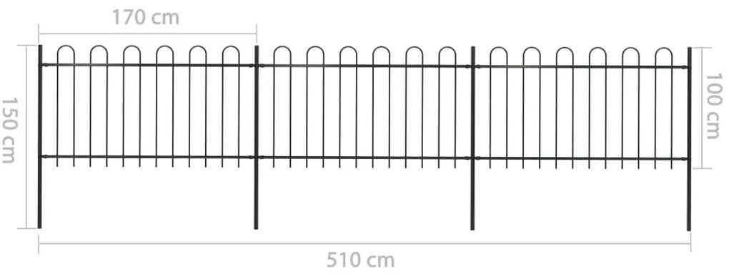 vidaXL Marketos Zahradní plot s obloukem nahoře ocelový 537 x 100 cm černý