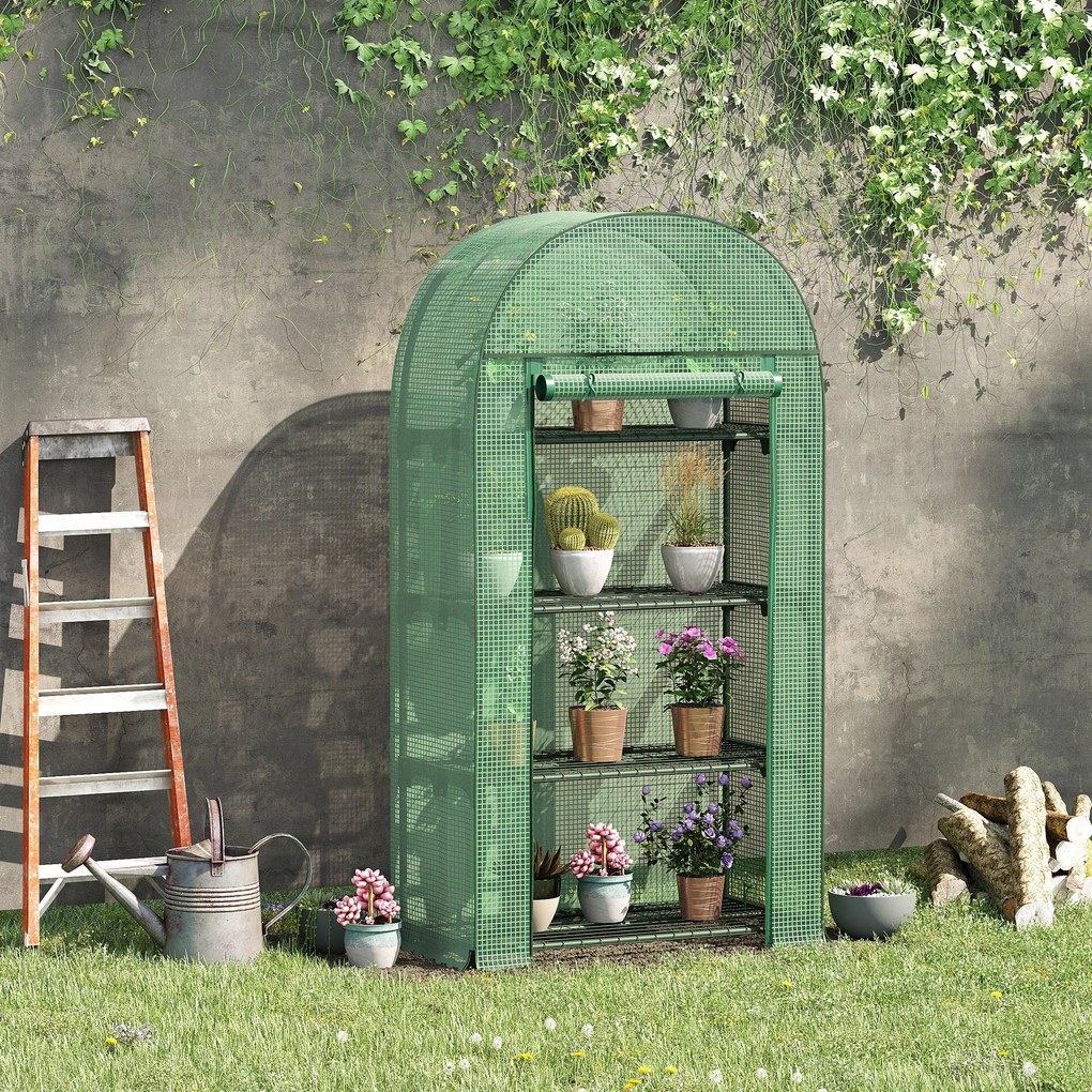 Outsunny Mini Skleník na Balkon s 4 Policemi, Mini Skleník, Zeleninový Skleník, Růstový Dům, Studený Rám, Kov, Zelený, 80 x 49 x 160 cm