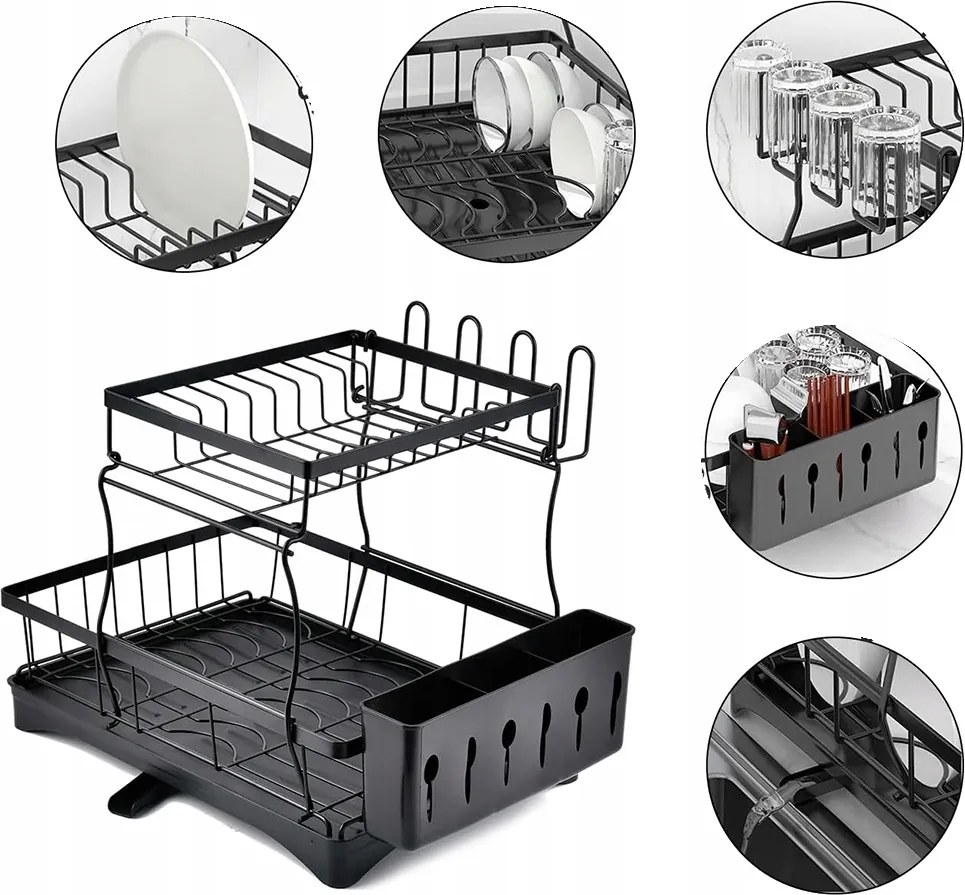 Stojan na sušení 2 vrstvy Odtok Nosič na příbory Černý