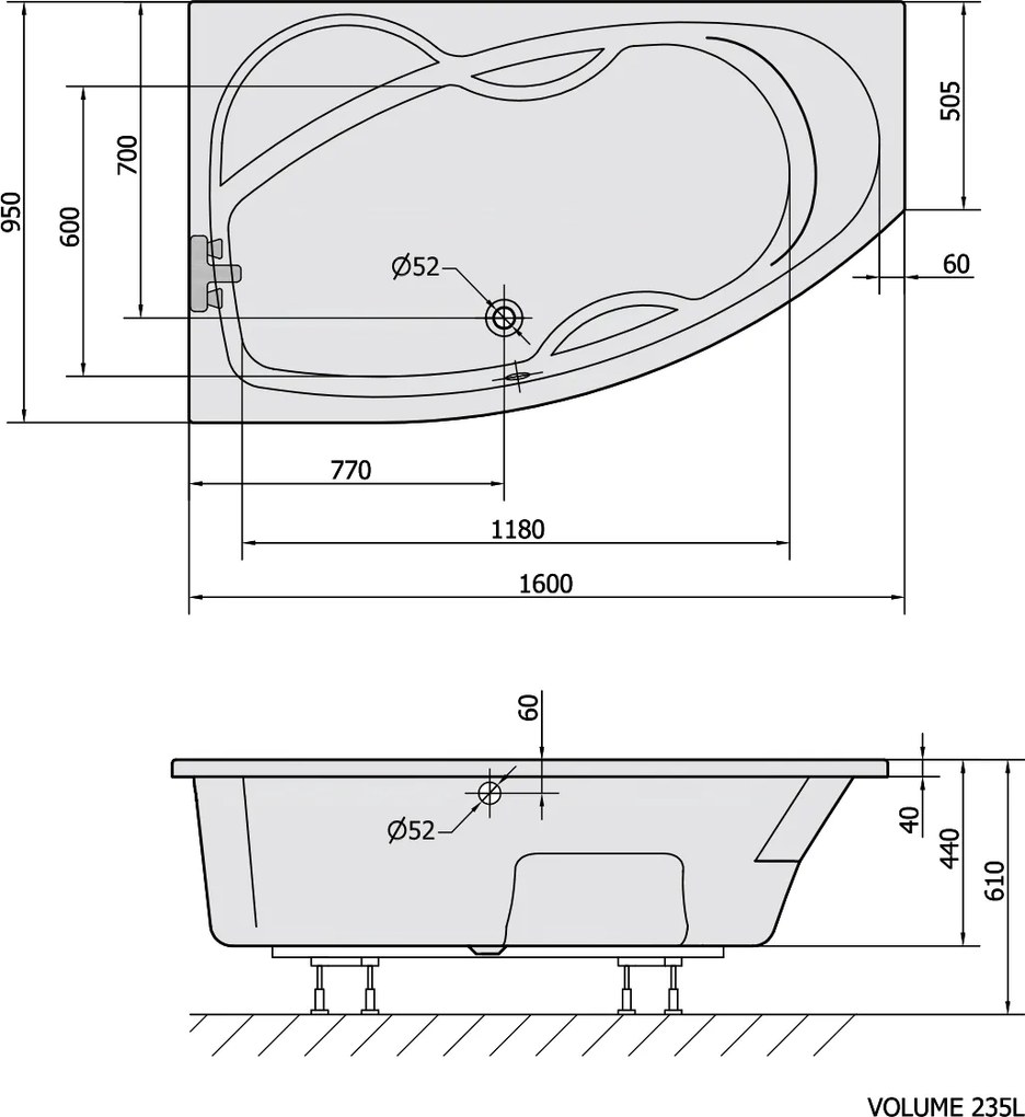 Polysan Mamba L 160 x 95 cm vana asymetrická akrylátová levá 27111