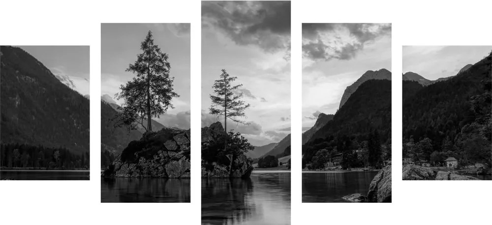 5-dílný obraz černobílá horská krajina u jezera