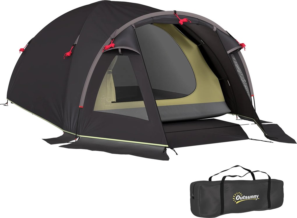 Outsunny Stan pro 4 Osoby, Lehký, Stabilní, Voděodolný UV 50+ Tunelový Stan s Markýzou, Bočními Dveřmi a Okny, Rodinný Stan s Podlážkou a Vodním Sloup
