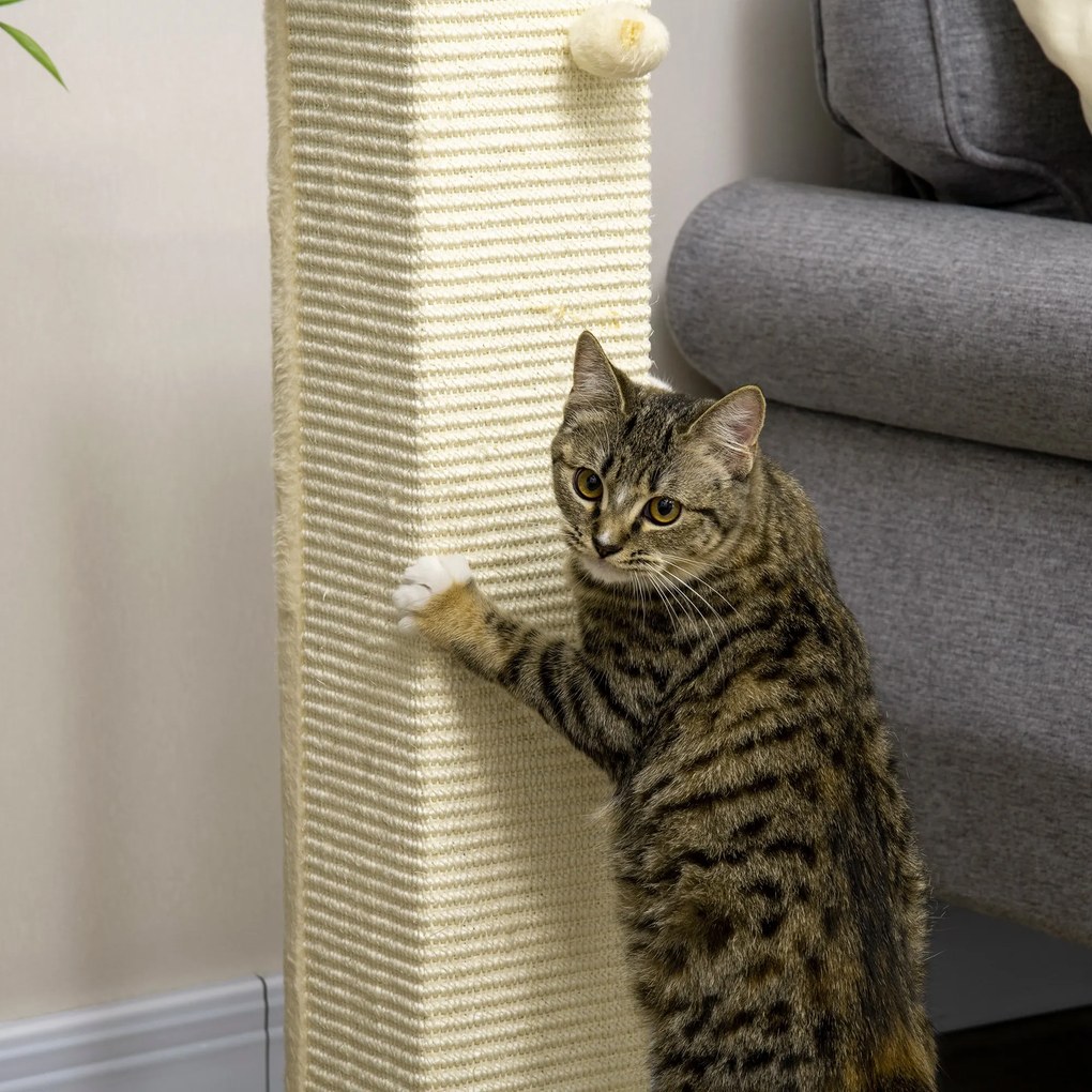 PawHut škrabadlo pro kočky 38L x 38W x 80H cm stabilní a bezpečné se škrabací deskou hracími míčky ze sisalu dub krémově bílý úspora místa