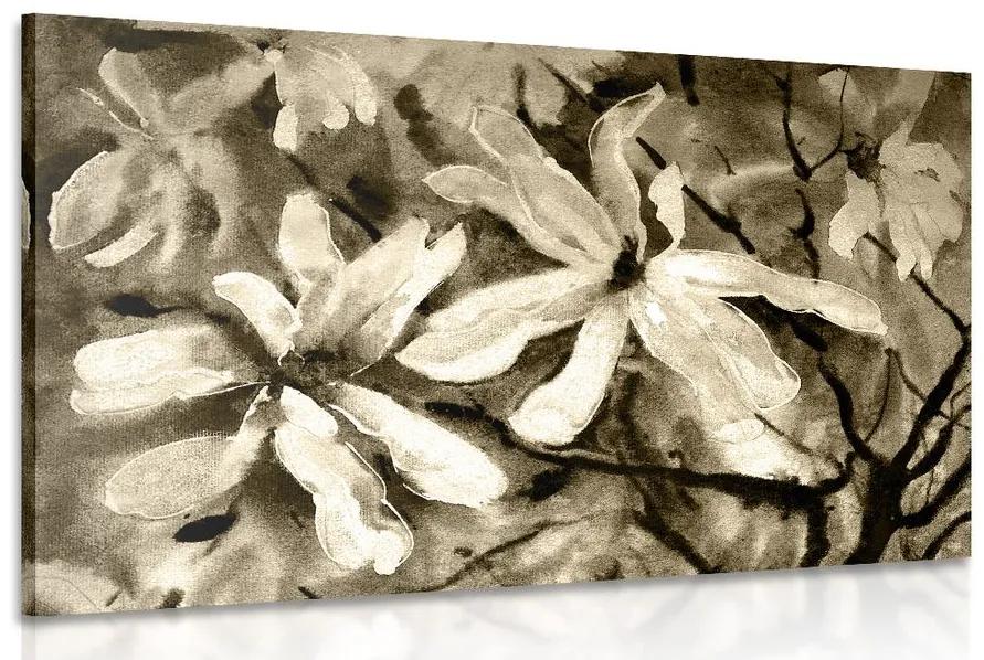 Obraz rozkvetlý akvarelový strom v sépiovém provedení Varianta: 60x40