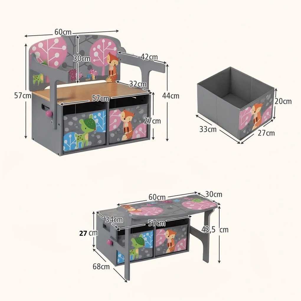Costway Dětská lavice 3v1 s látkovými koši TP10175GR