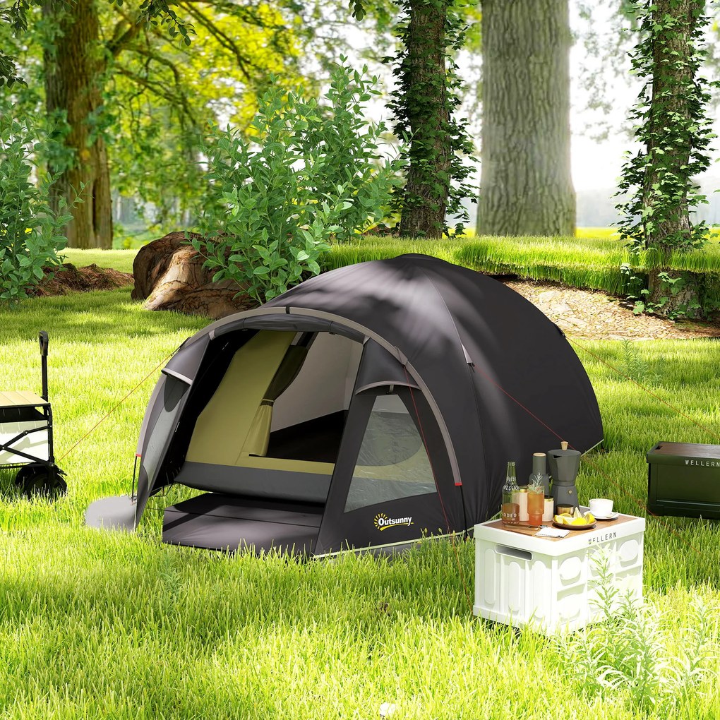 Outsunny Stan pro 4 Osoby, Lehký, Stabilní, Voděodolný UV 50+ Tunelový Stan s Markýzou, Bočními Dveřmi a Okny, Rodinný Stan s Podlážkou a Vodním Slou…