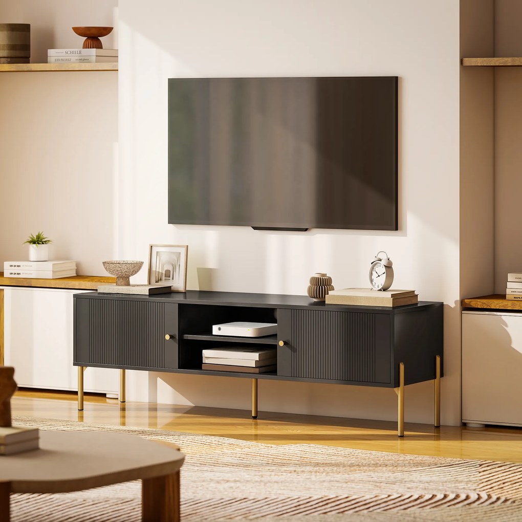 HOMCOM TV nábytek pro televizory až do 165,1 cm, žebrované dveře, otevřené přihrádky, kovové nohy, 140 x 38 x 45,9 cm, černé