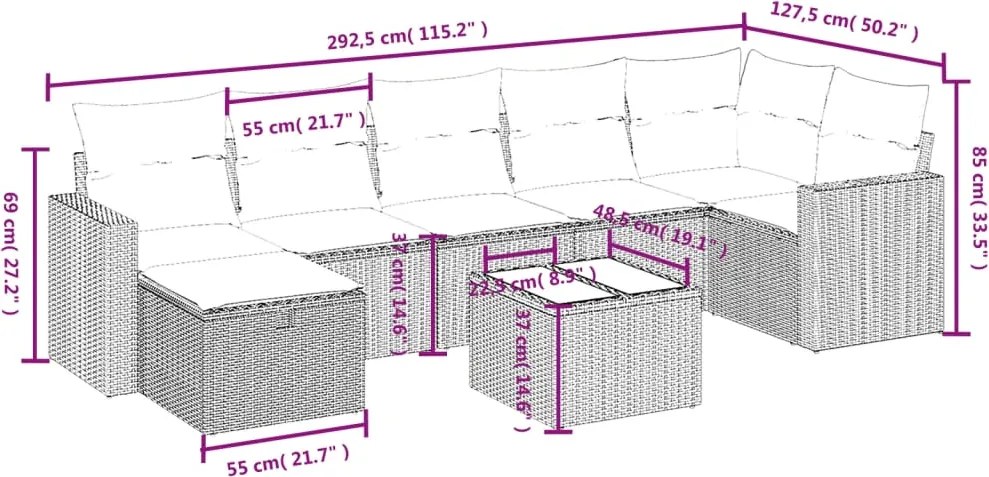 8dílná zahradní sedací souprava s poduškami černá polyratan 3263512