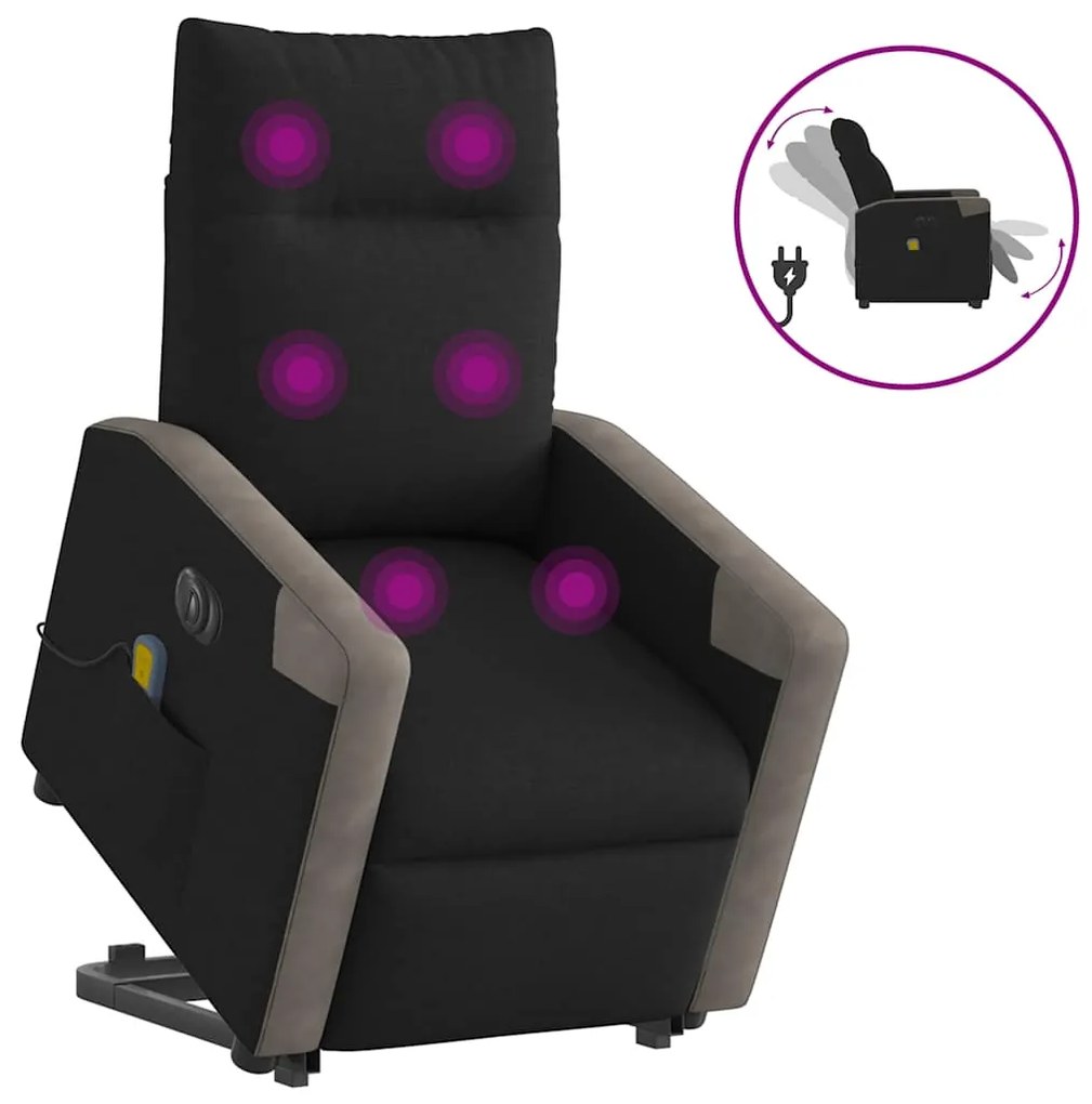 Elektrické zvedací masážní polohovací křeslo černé textil 3324107