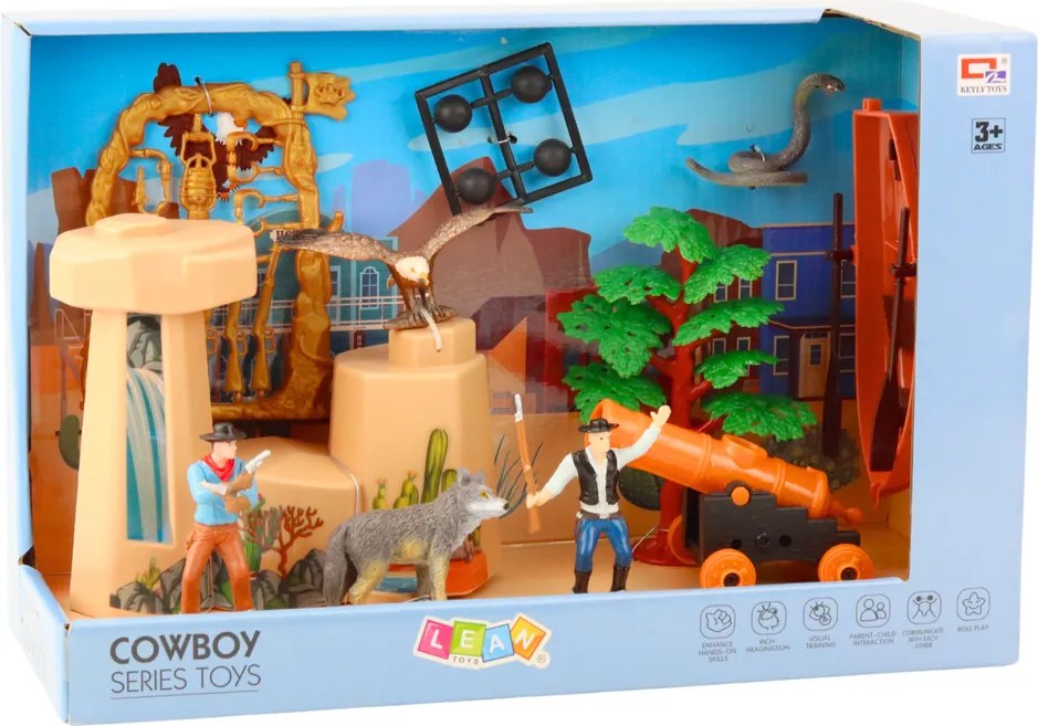 LEAN Toys Sada kovbojských figurek divoký západ člun dělo