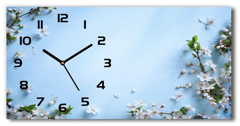 Wallmuralia Skleněné hodiny na stěnu Květy višně pozadí 60x30 cm