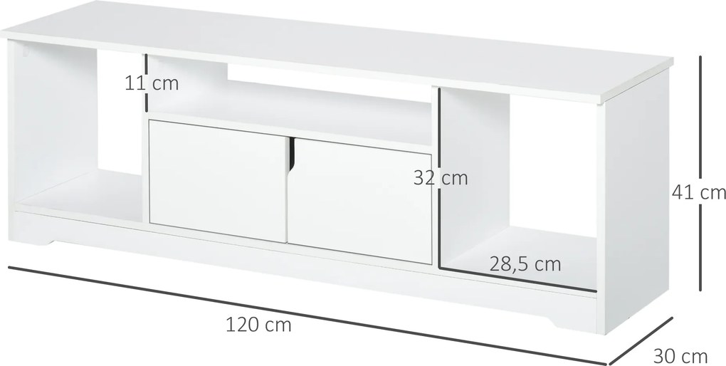 HOMCOM TV Stánek pro TV do 42" Moderní TV Stánek s Dvojitými Dveřmi a 3 Otevřenými Přihrádkami 120x30x41cm Bílý