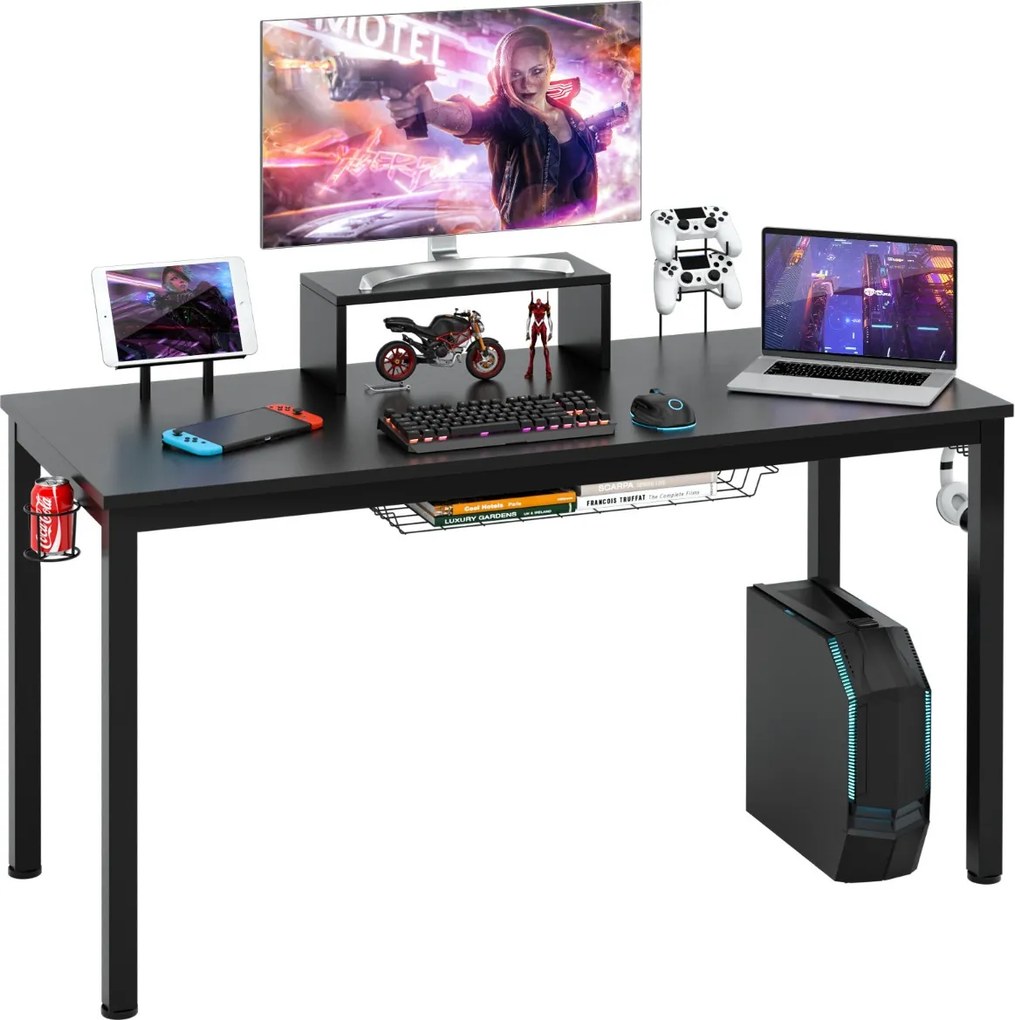 Costway Psací stůl 140 cm s policí na monitor, s držákem na nápoje, háček