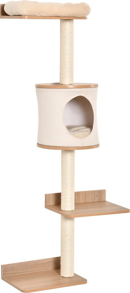 PawHut Nástěnný kočičí strom 38x30x149 cm s vícero dřevěnými platformami, jeskyní, horní postelí, odnímatelným polštářem, sisalovými škrabacími sloupy