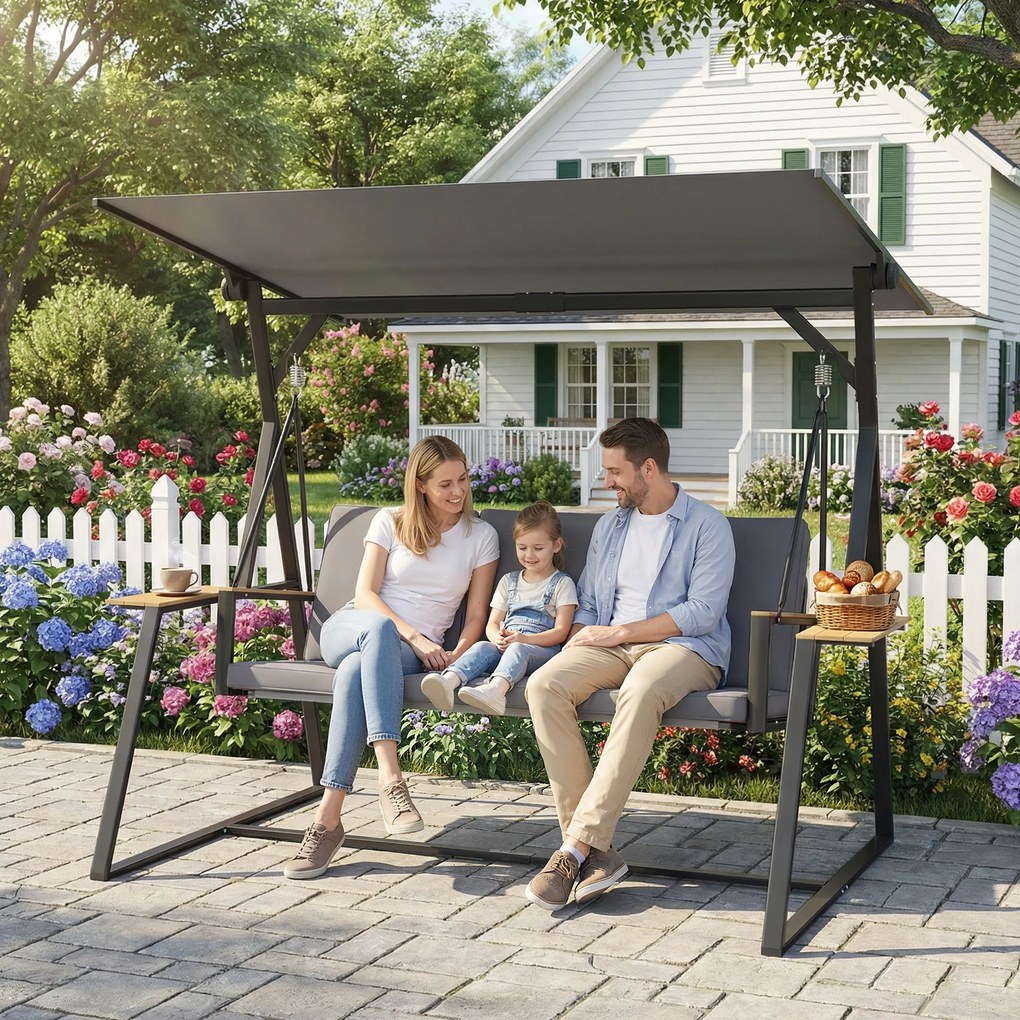 3místná zahradní houpačka s nastavitelnou střechou, polštáři a zásobníky na nápoje, nosnost 360 kg, šedá barva