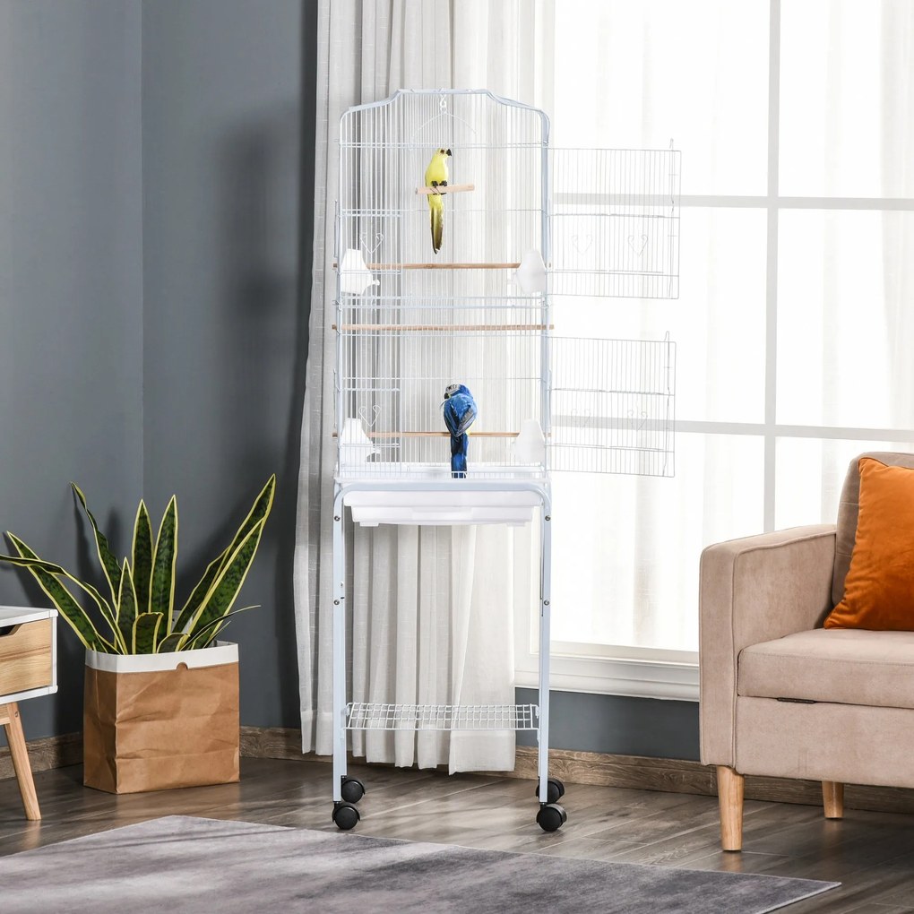 PawHut Ptačí Klec na Kolečkách 46,5x36x157 cm, Kovová Ptačí Klec se 4 Krmítky, 3 Hnízdy, Vyjímatelným Velkým Odtokem a Úložnou Policí pro Kanárky a A…