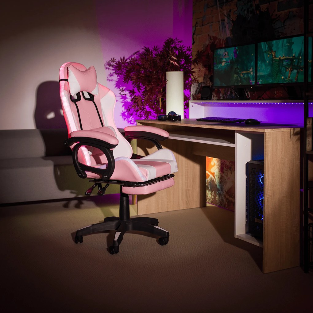 Kancelářské/herní křeslo s RGB LED podsvícením, růžová/bílá, JOVELA