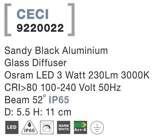 Nova Luce Venkovní stropní svítidlo CECI černý hliník skleněný difuzor Osram LED 3W 3000K 52st. IP65 Barva: Bílá