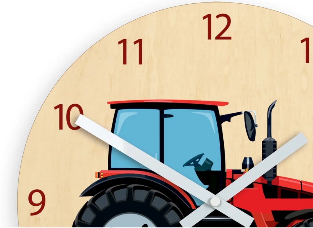 M.Clock Nástěnné dětské dřevěné hodiny traktor tiché 30cm bříza