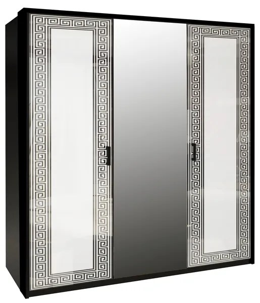 Třídveřová šatní skříň NICOLA se zrcadlem, 138x212,5x55, bílá lesk/černá