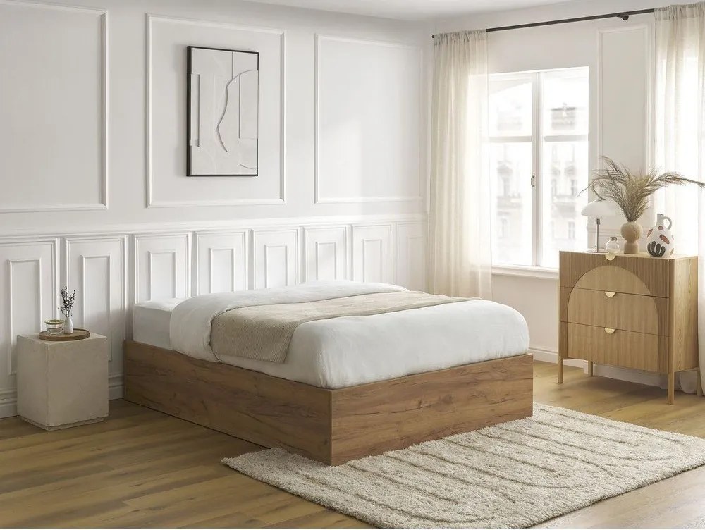 Dvoulůžková postel z dřevotřísky v dekoru břízy s úložným prostorem/bez čela s roštem 160x200 cm v přírodní barvě Mara – Bobochic Paris
