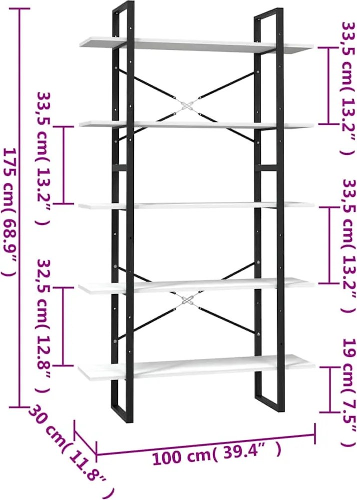 Knihovna s 5 policemi bílá 100 x 30 x 175 cm borové dřevo 3082004