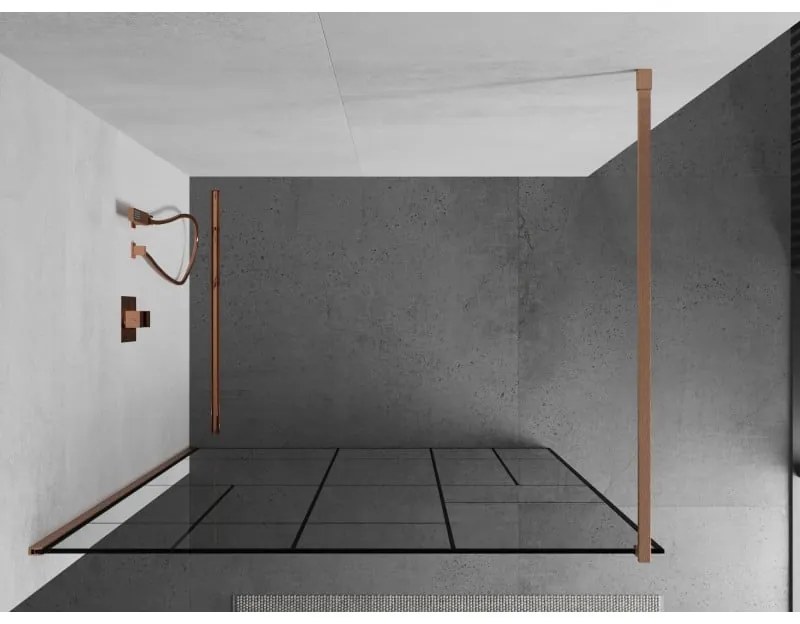 Mexen Kioto, sprchová zástěna Walk-In 100 x 200 cm, 8mm čiré sklo černý vzor, ​​měděný matný profil, 800-100-101-65-78