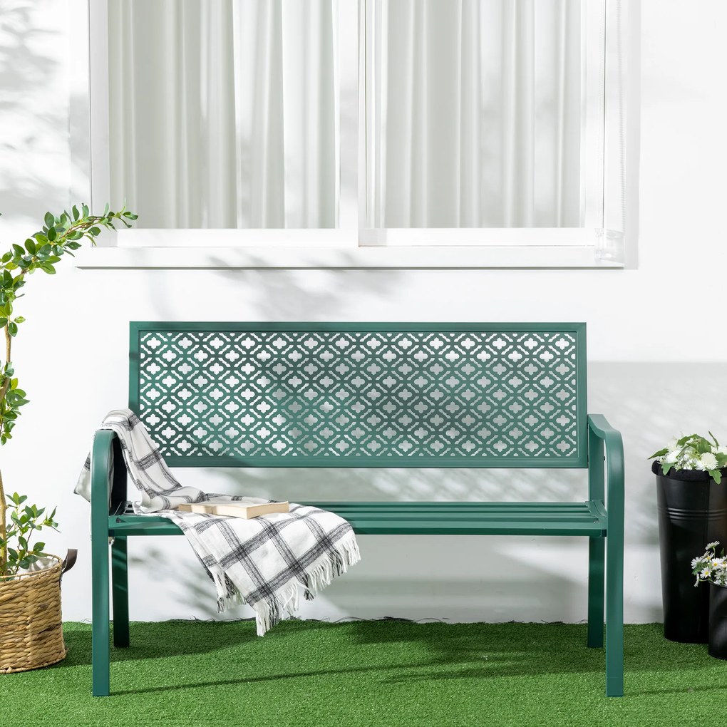 Zahradní lavice HOMCOM s nosností 280 kg, tmavě zelená, 127x63x83 cm, odolná proti povětrnostním vlivům a stabilní, ideální na terasu a zahradu |