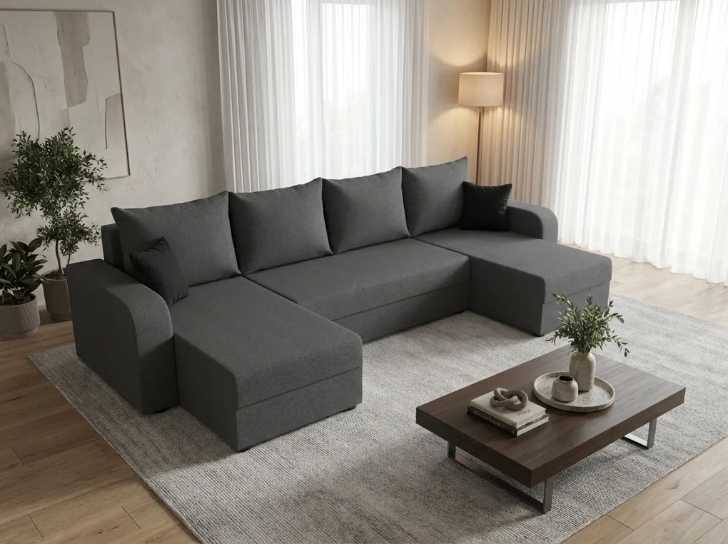 Rozkládací sedací souprava do U VALERIO 305x140 cm, tmavě šedá