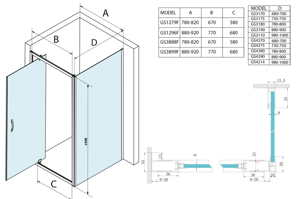 Gelco Gelco, SIGMA SIMPLY obdélníková sprchová zástěna pivot dveře 800x750mm L/P varianta, čiré sklo, GS1279GS3175
