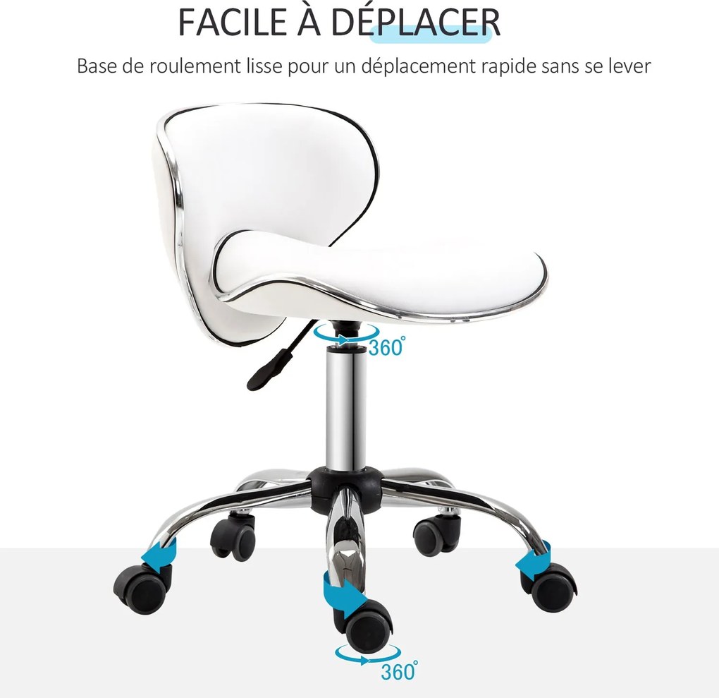 HOMCOM Rolling Stool Pracovní Stolička s Nastavitelnou Výškou 44-56 cm a Opěradlem, 360° Otočná Kancelářská Stolička pro Masážní Salón, Kancelář, Kli…