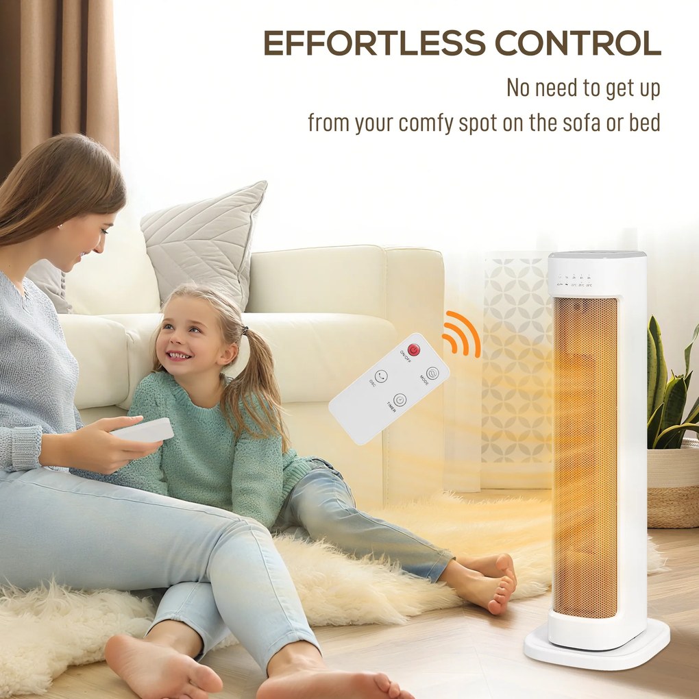 HOMCOM keramický ohřívač vzduchu 2000W s 3 nastavitelnými teplotami, časovač 15 hodin, dálkové ovládání, bílá