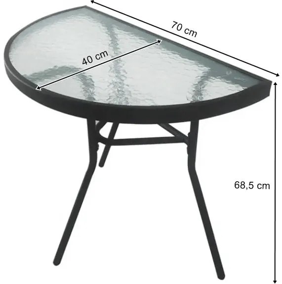 Zahradní půlkruhový stůl se skleněnou deskou ISLAND 70x40 cm, černý