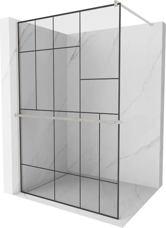 Mexen Kioto+, sprchová zástěna Walk-In s poličkou a věšákem 120 x 200 cm, 8mm čiré sklo černý vzor, broušená ocel profil, 800-120-121-97-78