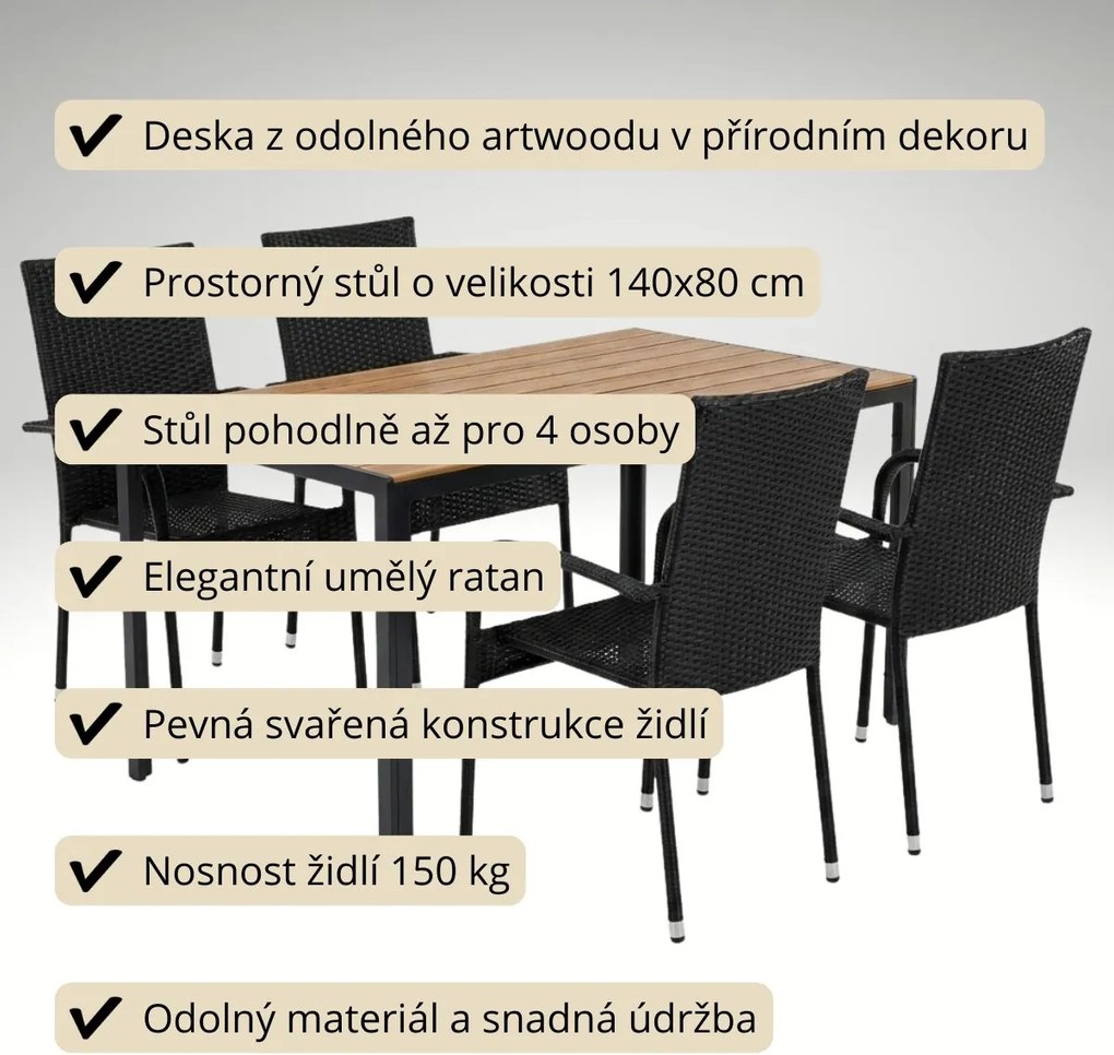 Vikio Zahradní ratanový set 140x80 pro 4 osoby DT255-P2 přirodní