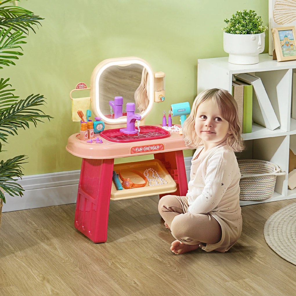 Dětský toaletní stolek AIYAPLAY 23 dílů, S make-up zrcadlem LED, světlem a hudbou, pro děti 3-6 let, růžový