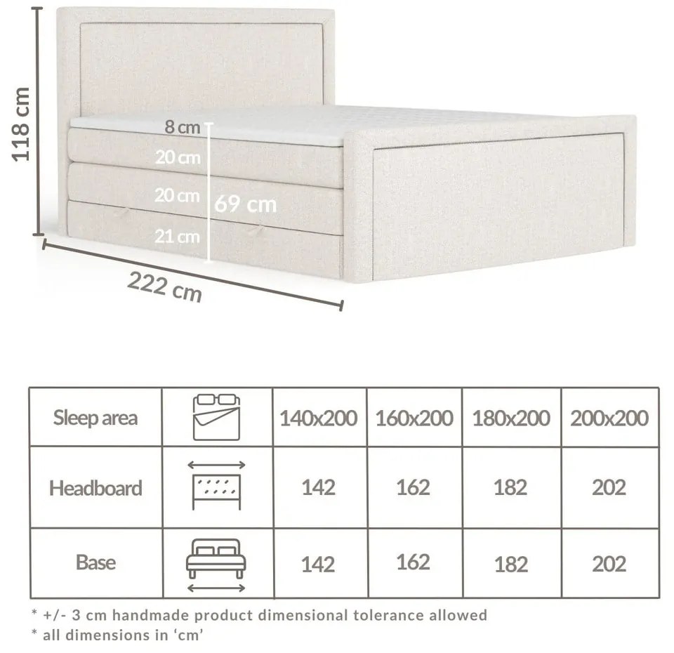 Světle šedá boxspring postel s úložným prostorem 200x200 cm Lavenda – Maison de Rêve