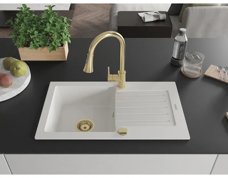 Mexen Pablo, 1-komorový granitový dřez 752x436x161 mm a dřezová baterie Elia, bílá, 6510-20-670101-50