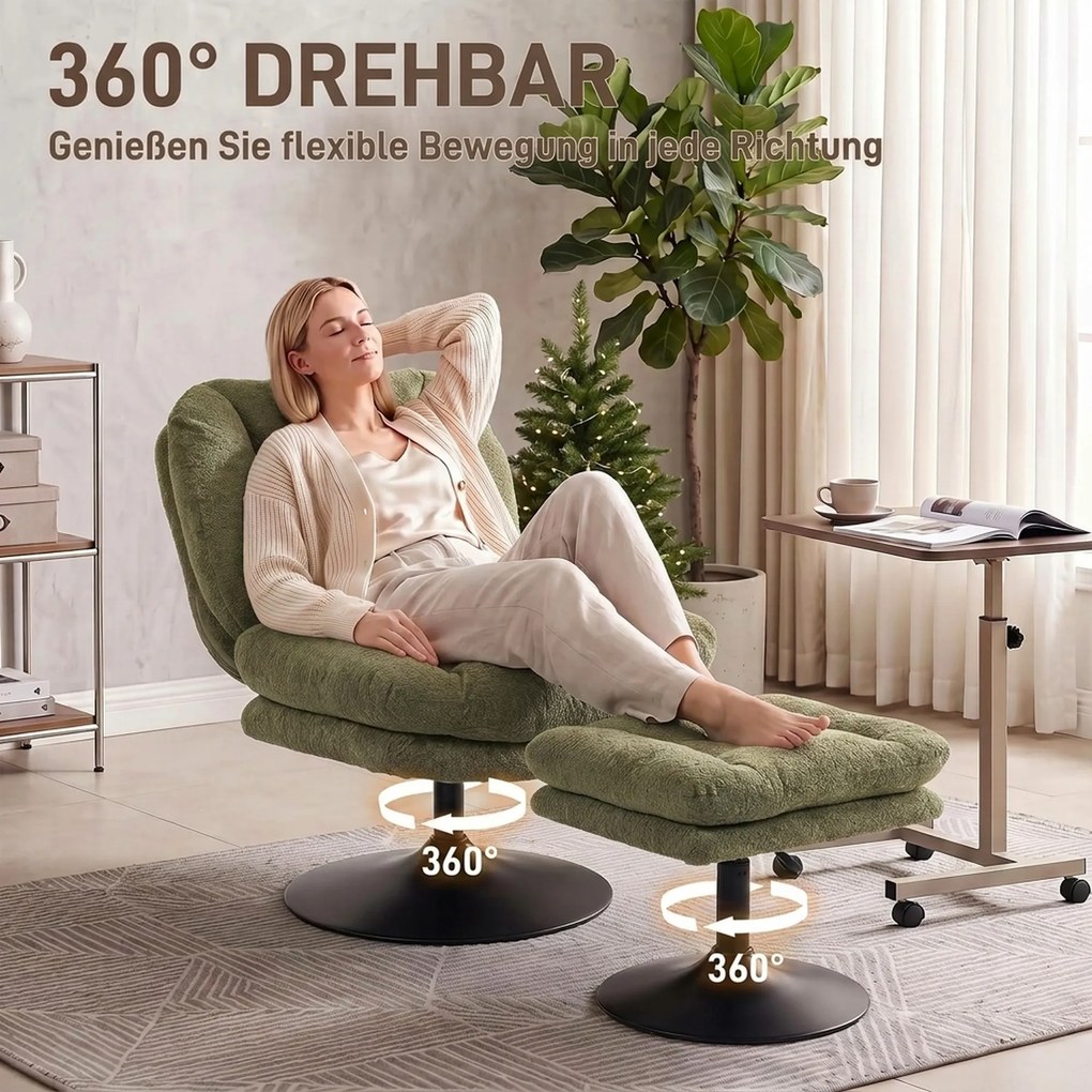 HOMCOM Lounge křeslo s podnožkou, 360° otočné, z Raindrop sametu, výškově nastavitelná podnožka, zelené